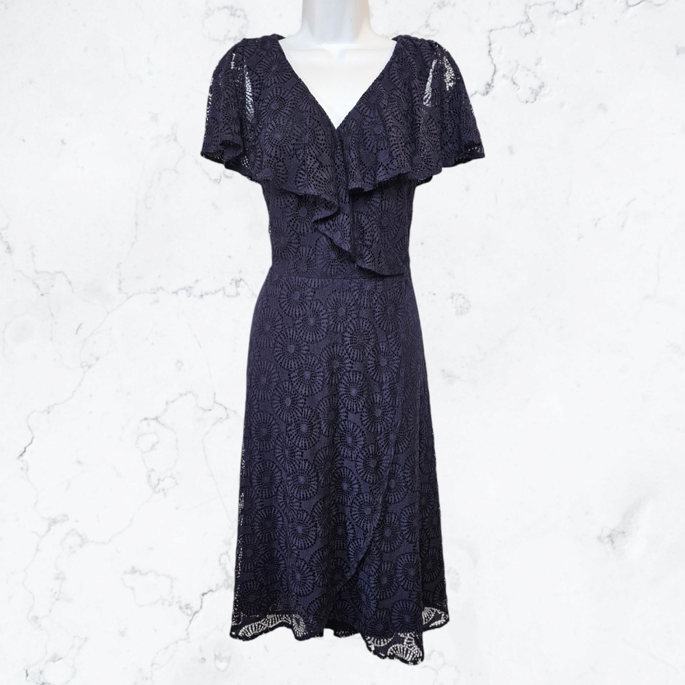 Adrianna Papell Navy Blue Crochet Pattern Flutter Sle… - Gem